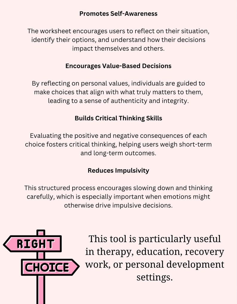 Choices and Consequences Worksheet: Therapy & Decision-making (PDF) - Etsy