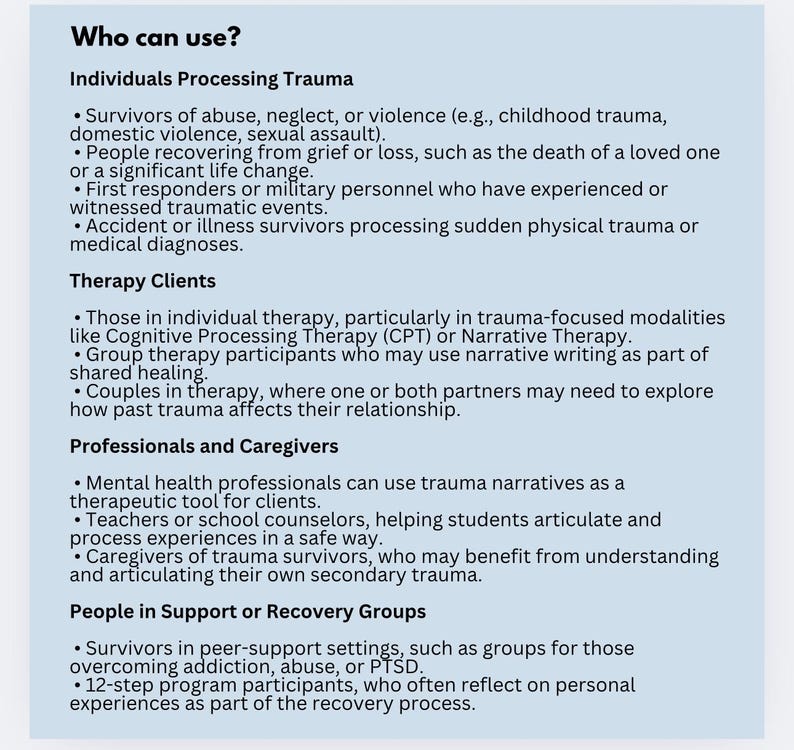 Writing a Trauma Narrative Therapy Guide, Self Reflection Workbook (PDF ...