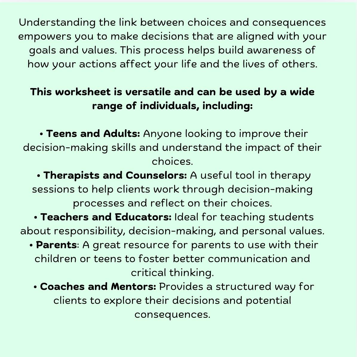 Choices and Consequences Worksheet Goals and Values Help Make Decisions ...
