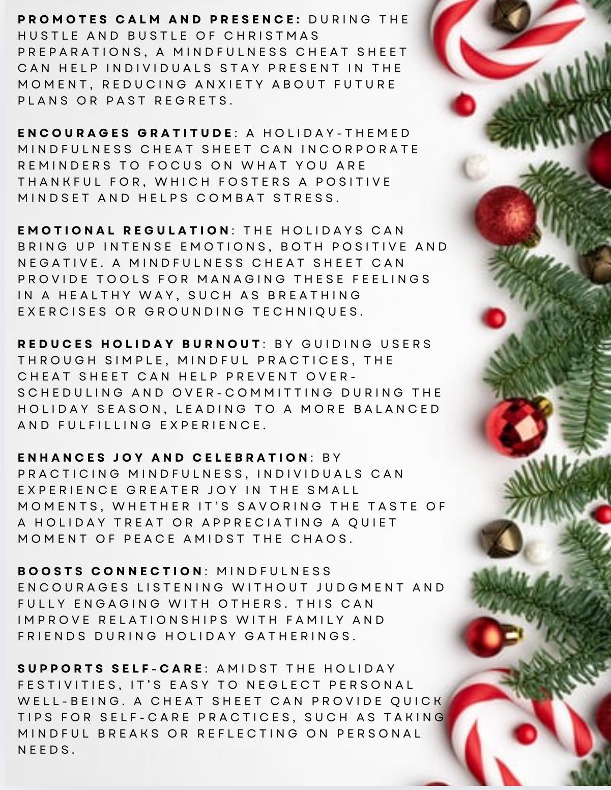 Christmas Mindfulness Cheat Sheet Anxiety and Holiday Stress Therapy ...