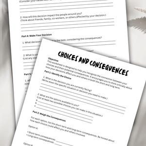 Choices and Consequences Worksheet: Therapy & Decision-making (PDF) - Etsy
