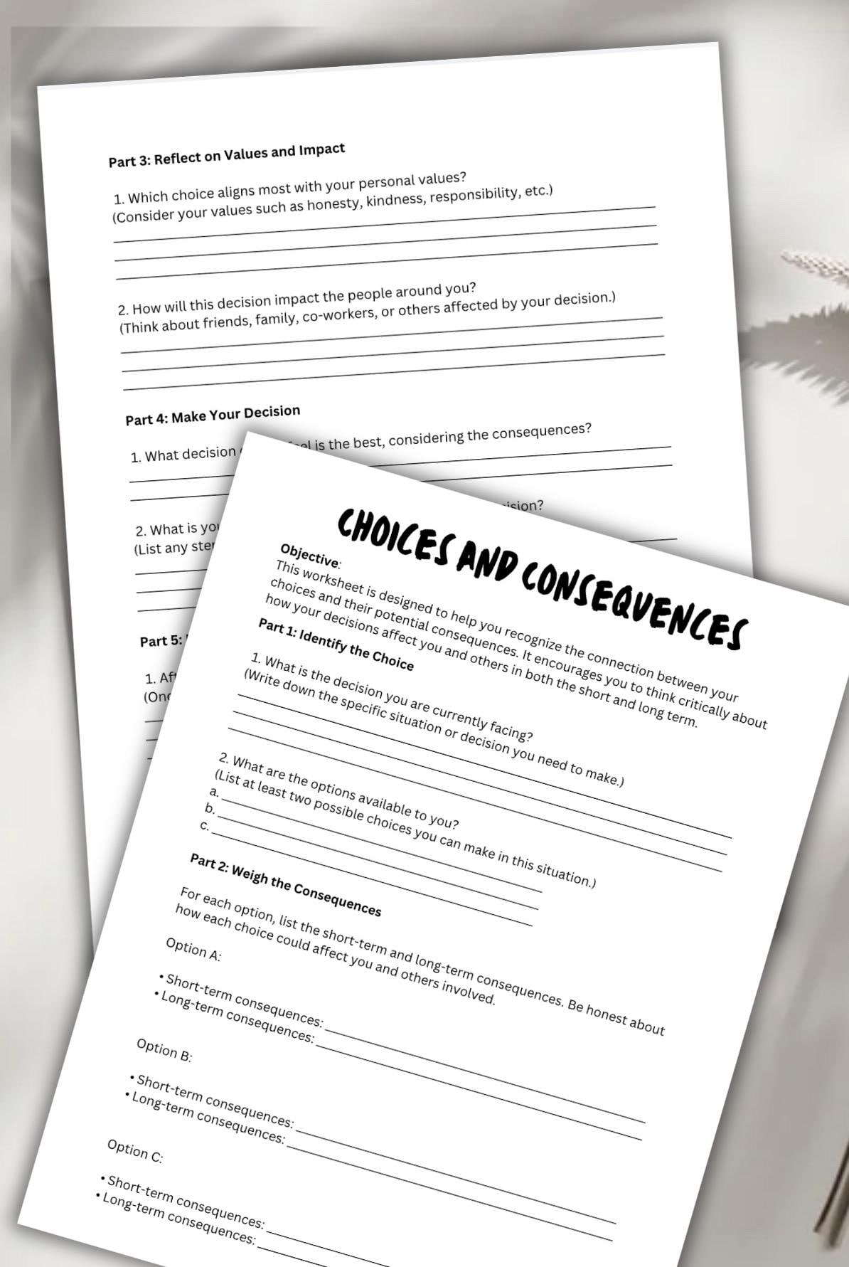 Choices and Consequences Worksheet: Therapy & Decision-making (PDF) - Etsy