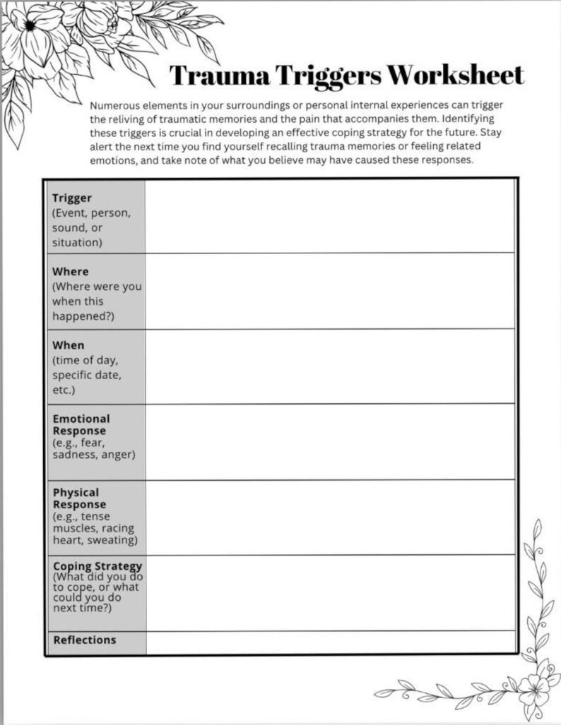 Trauma Triggers Therapy Worksheet Clinical Tools Reference Guide Fight ...
