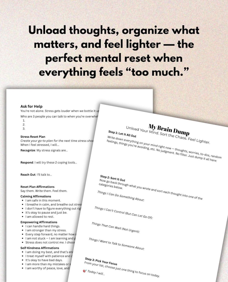 Teen Stress & Brain Dump Worksheets Printable Mental Health Workbook ...