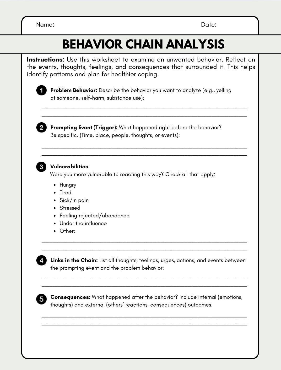 Behavior Chain Analysis Worksheet Dbt-inspired Printable for Emotional ...