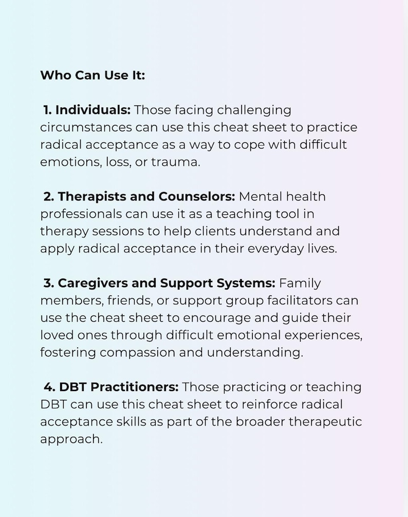 Radical Acceptance Cheat Sheet DBT Cheat Sheet Dialectical Behavioral ...