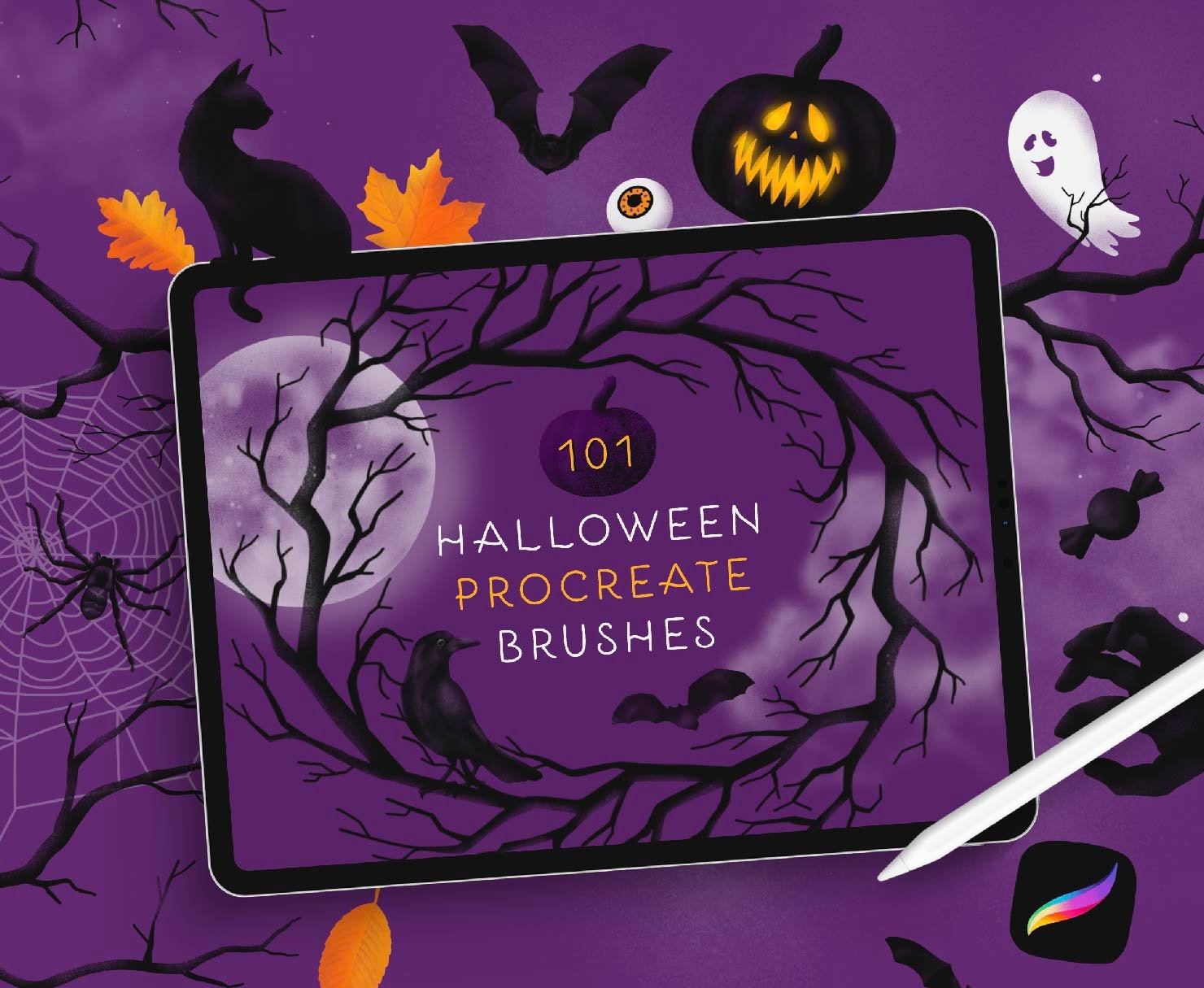 Halloween Procreate Stamp Set – 100+ Brushes With Pumpkins, Bats ...