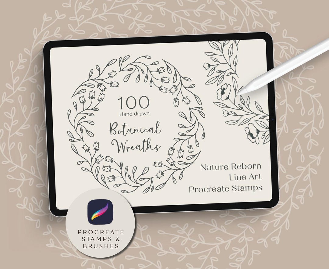 100 Hand-drawn Botanical Wreath Stamps for Procreate, Line Art Floral ...