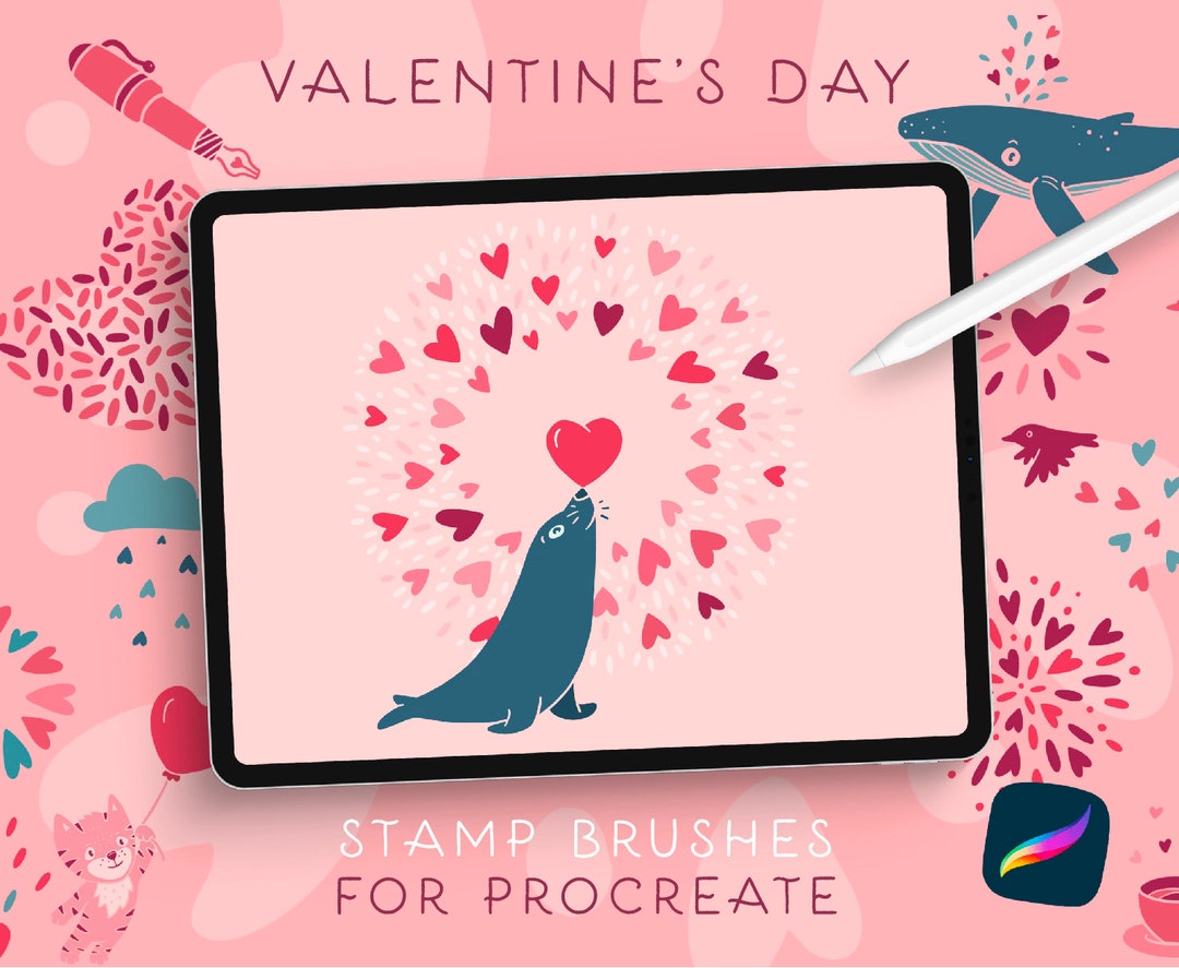 Valentine's Day Procreate Stamp Brush Set: Hearts, Wreaths, Animals ...