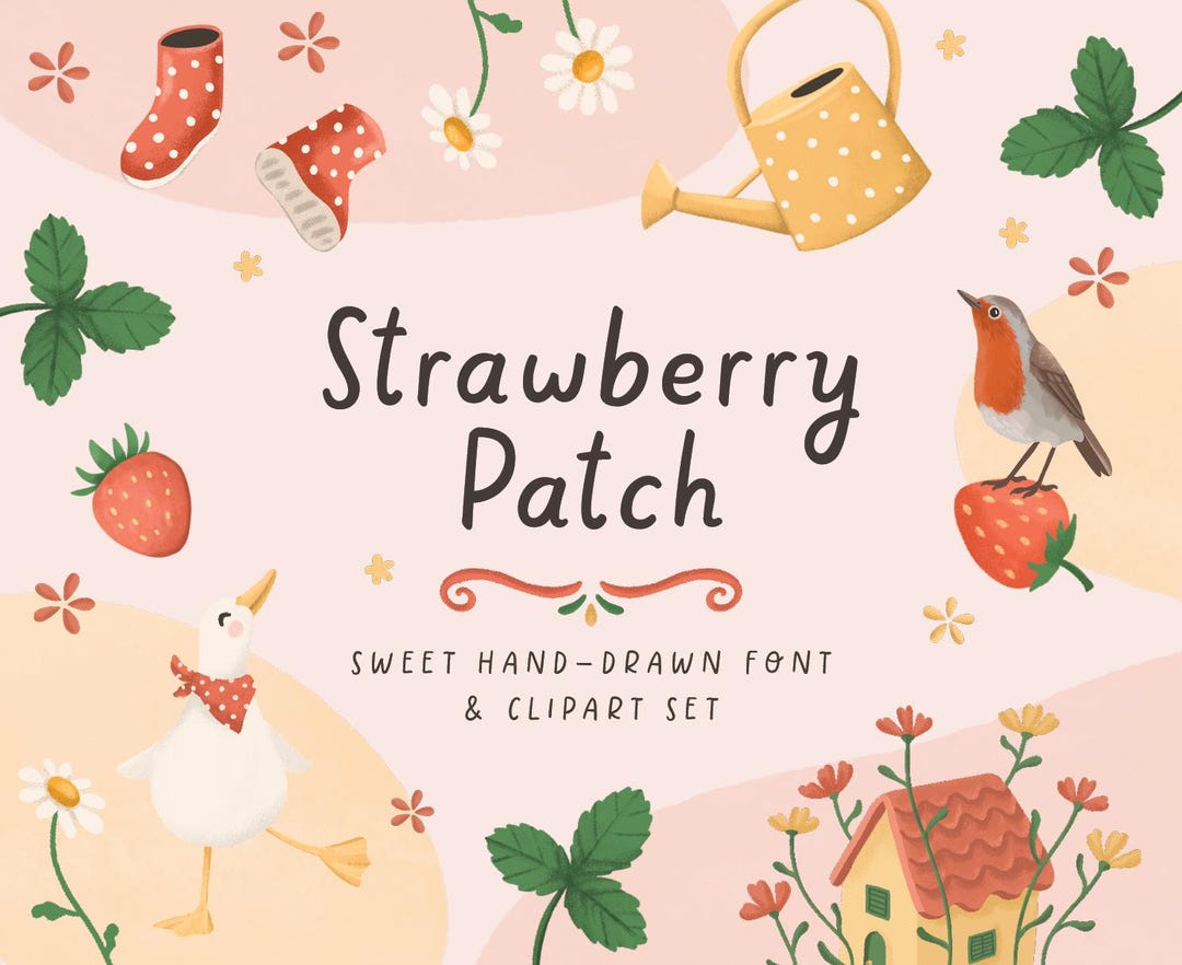 Strawberry Patch Font & Clipart: Cottagecore Illustrations (OTF Font ...