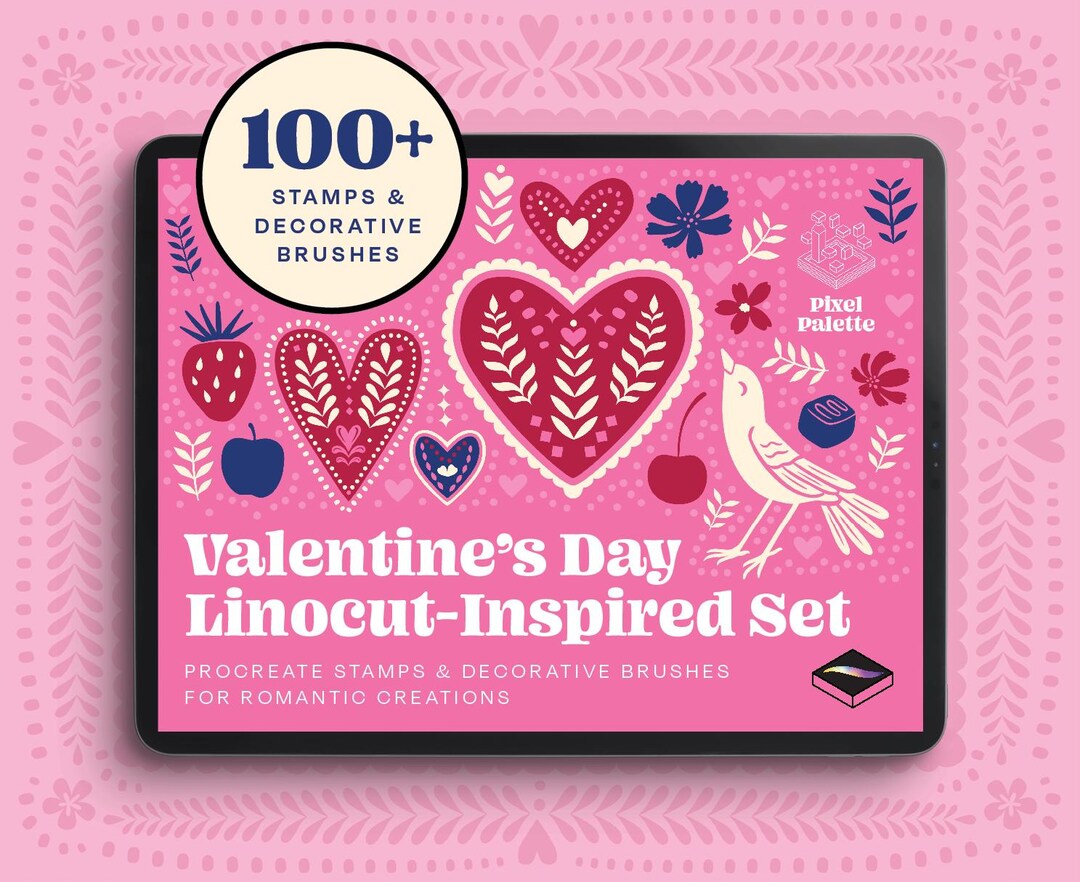 Romantic Linocut Procreate Stamps - Hearts, Birds and Botanical Brushes ...