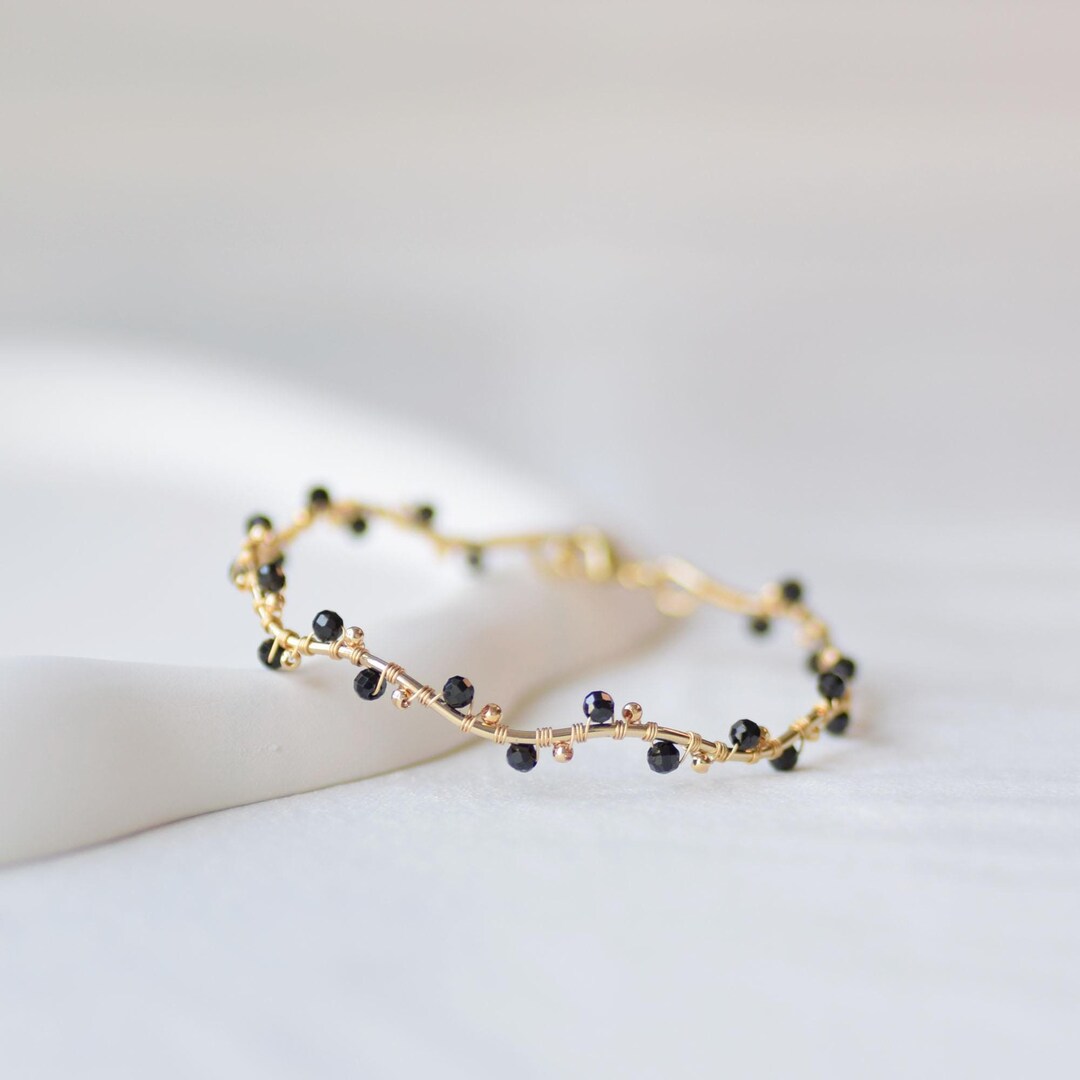 Black Spinel Bangle Bracelet,wavy Gold Bangle,tiny Black Gemstone ...