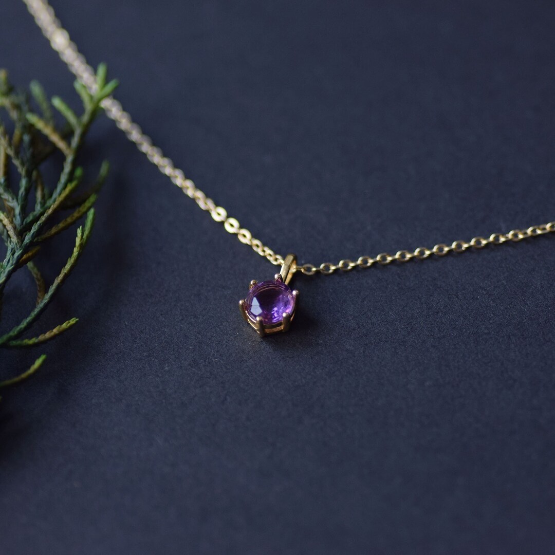 Tiny Amethyst Necklace, Round Cut Pendant, Dainty Gold Jewelry ...