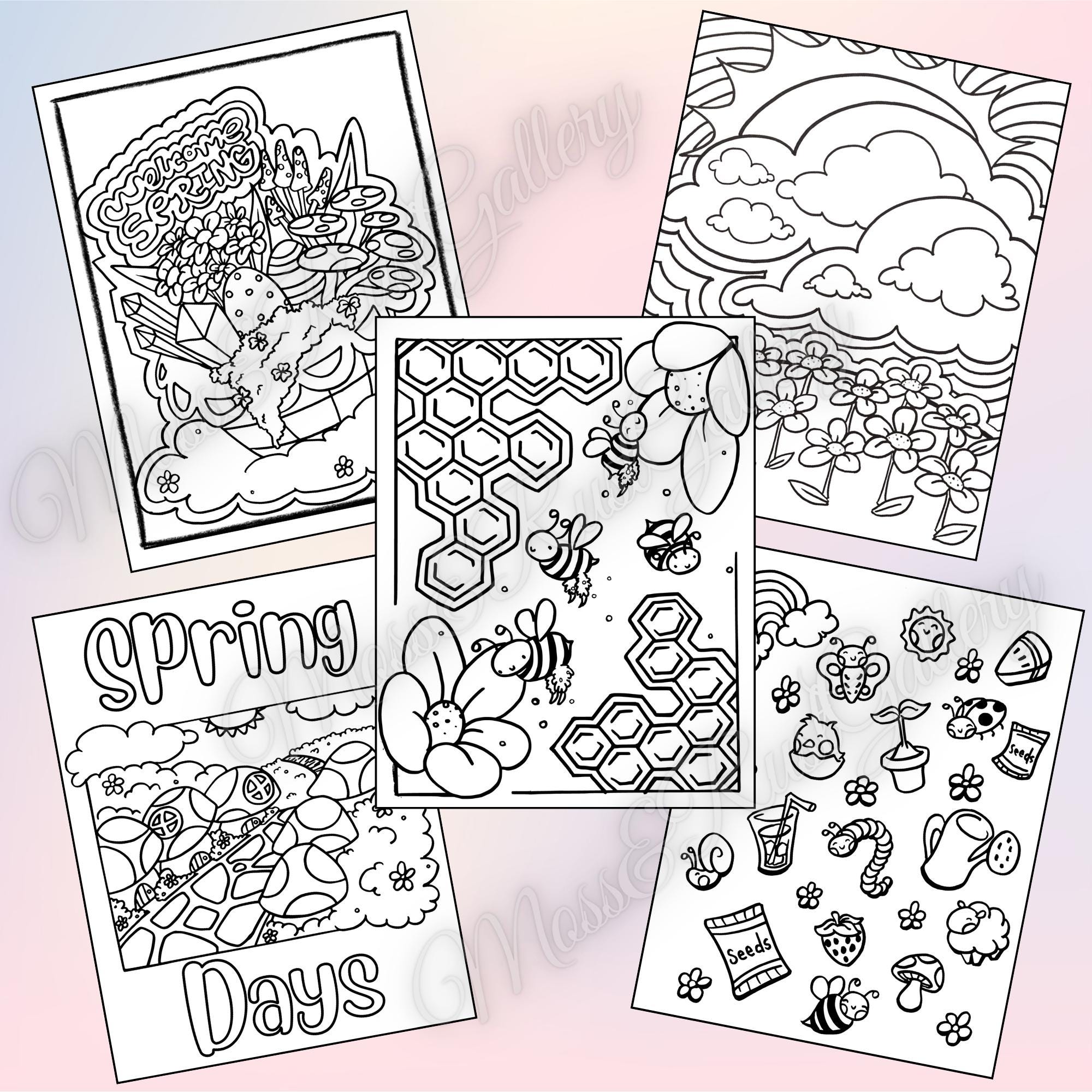 10 Hand Drawn Cute Spring Coloring Pages . All Ages Color Fun. Bees ...