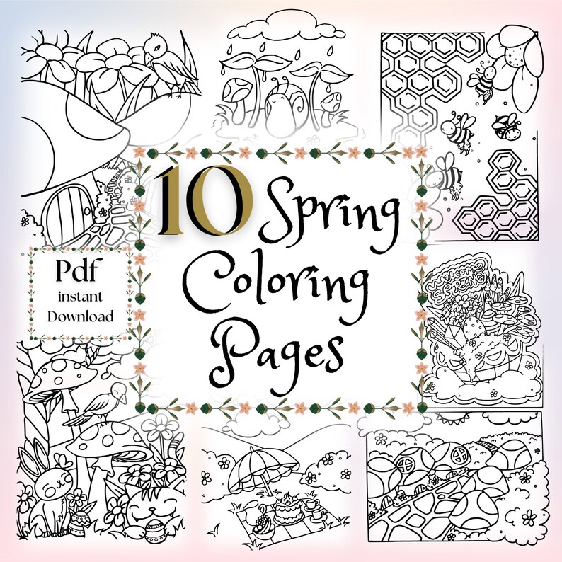 10 Hand Drawn Cute Spring Coloring Pages . All Ages Color Fun. Bees ...