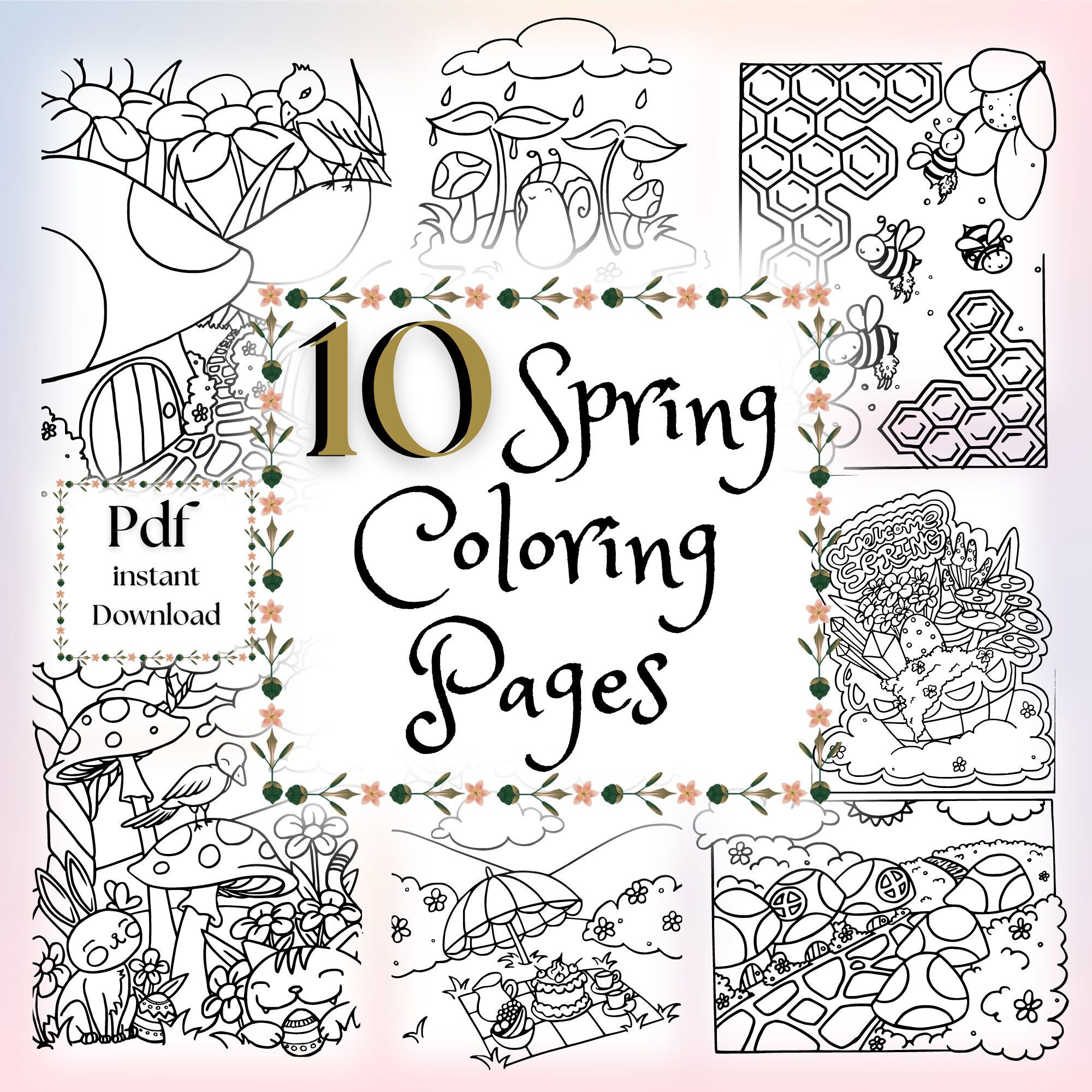 10 Cute Spring Coloring Pages . Kids and Adult Color Fun . Bees Birds ...