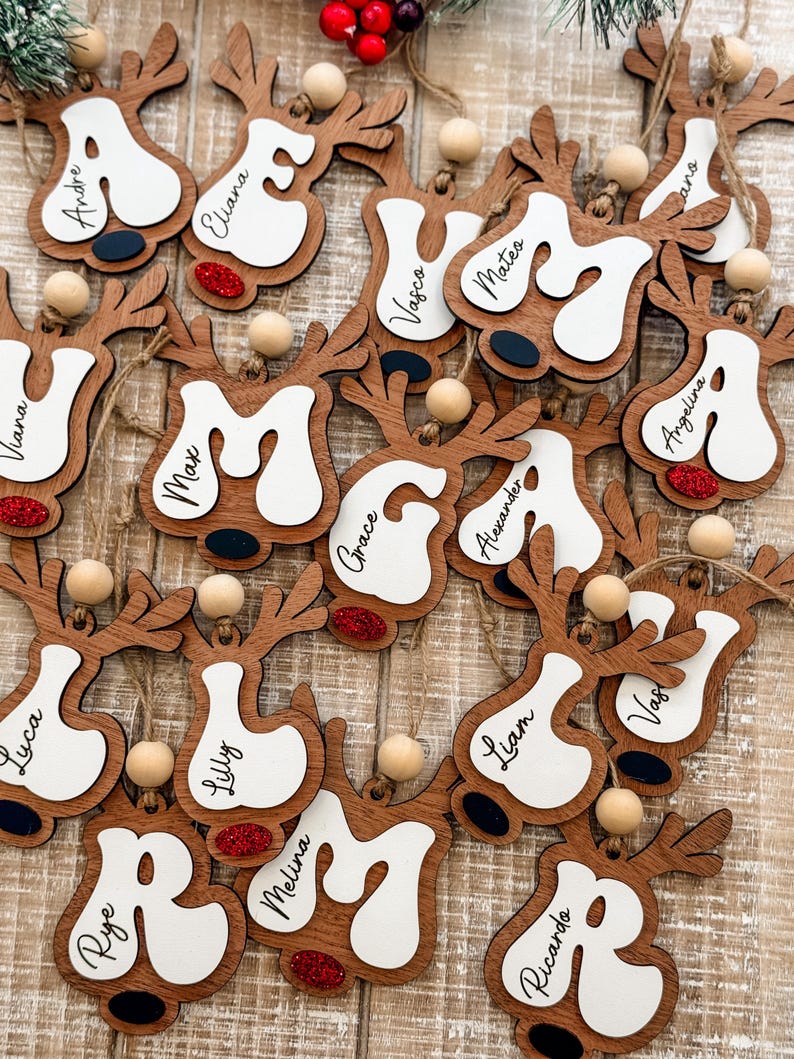 Personalized Reindeer Christmas Ornament: Custom Wood Letter Gift Tag ...