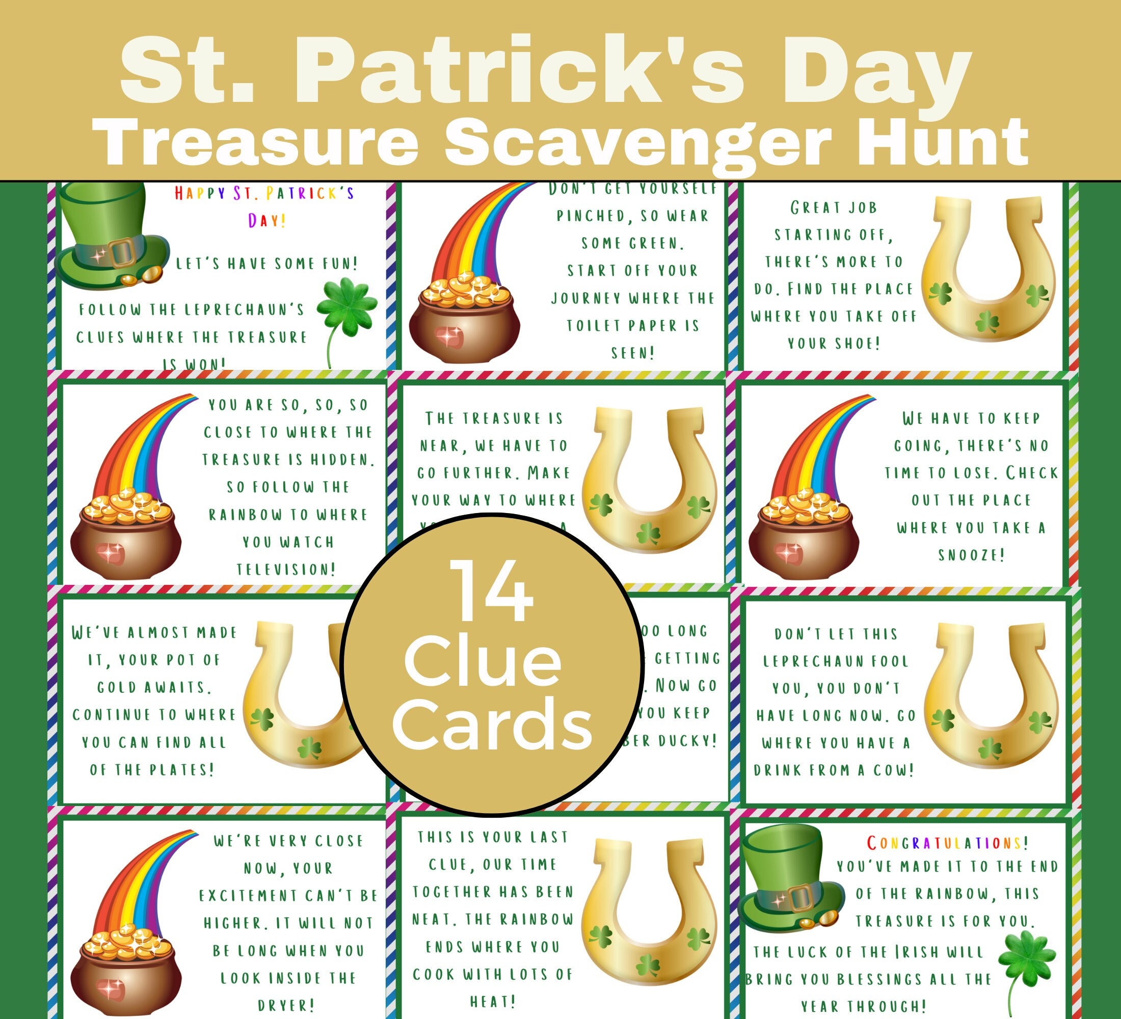 St. Patrick's Day Scavenger Hunt Cards, St. Patrick's Day Clues, St ...