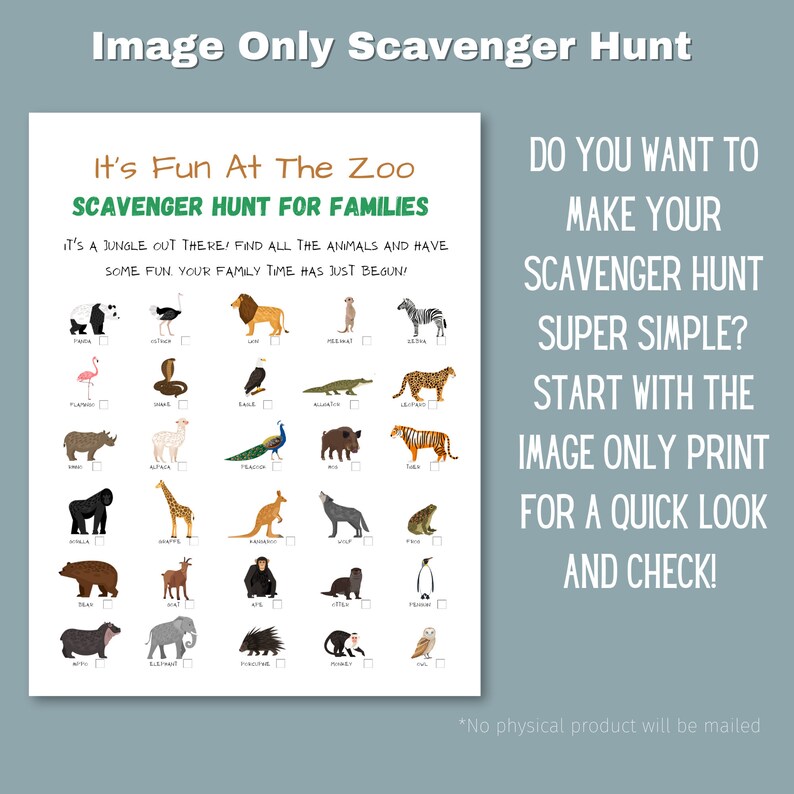 Zoo Trip Activities Printable Scavenger Hunt Zoo Trip Family Fun Games ...