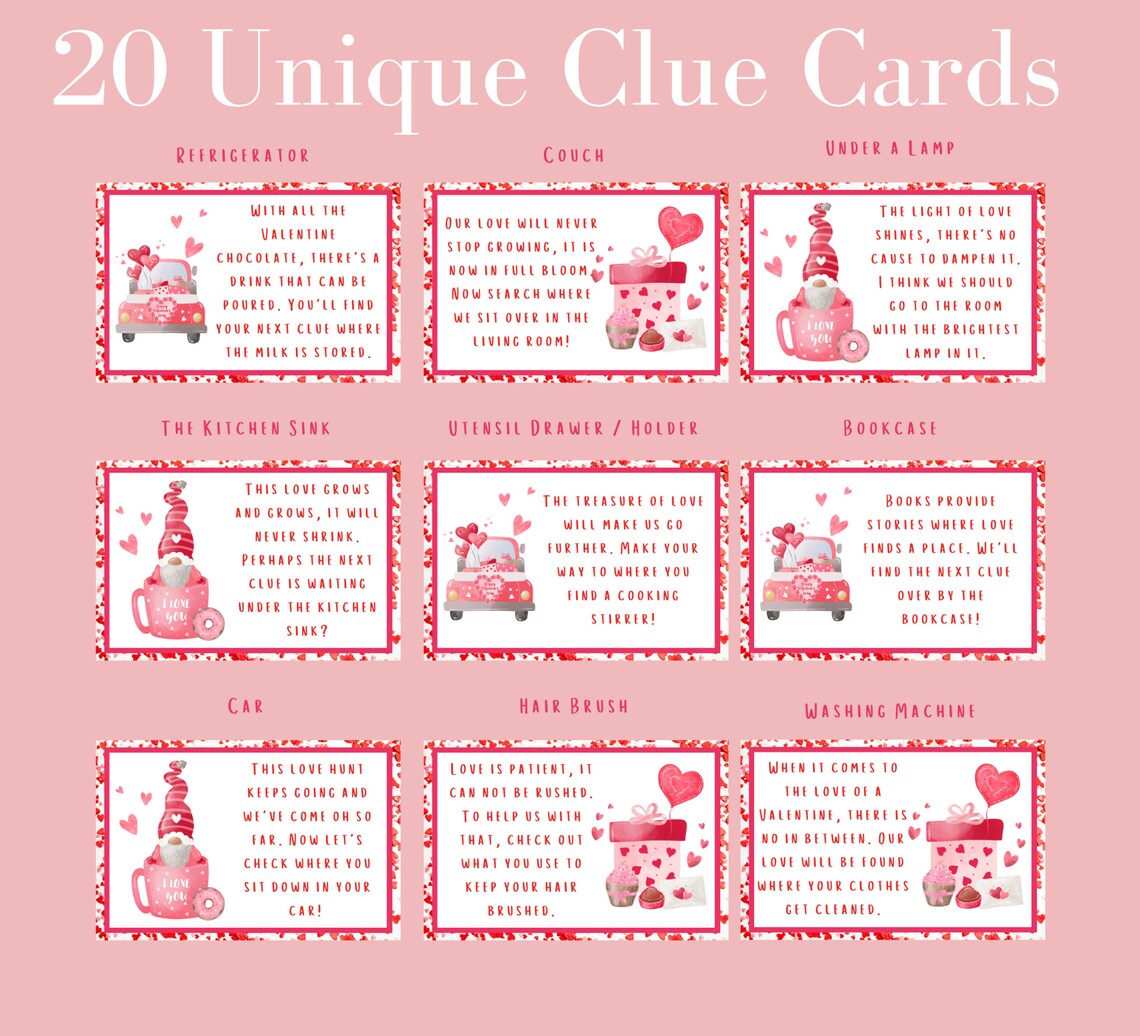 Valentine's Day Scavenger Hunt Cards, Valentine's Day Clues, Valentine ...