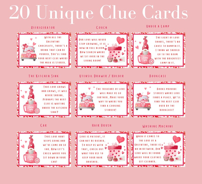 Valentine's Day Scavenger Hunt Cards, Valentine's Day Clues, Valentine ...