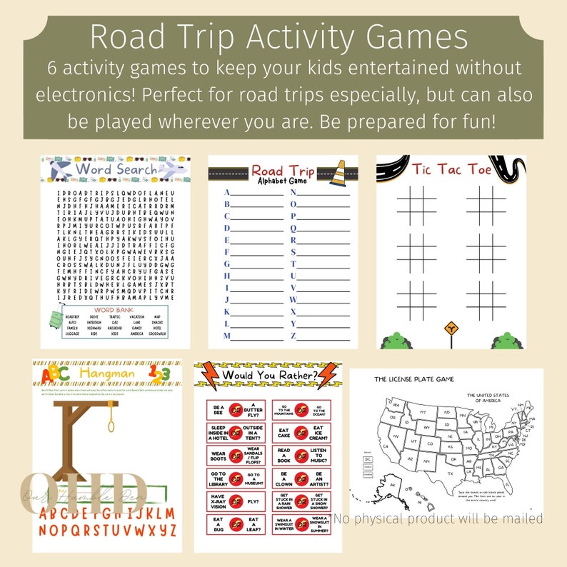 Road Trip Activity Games Printable for Kids / Families Including ...