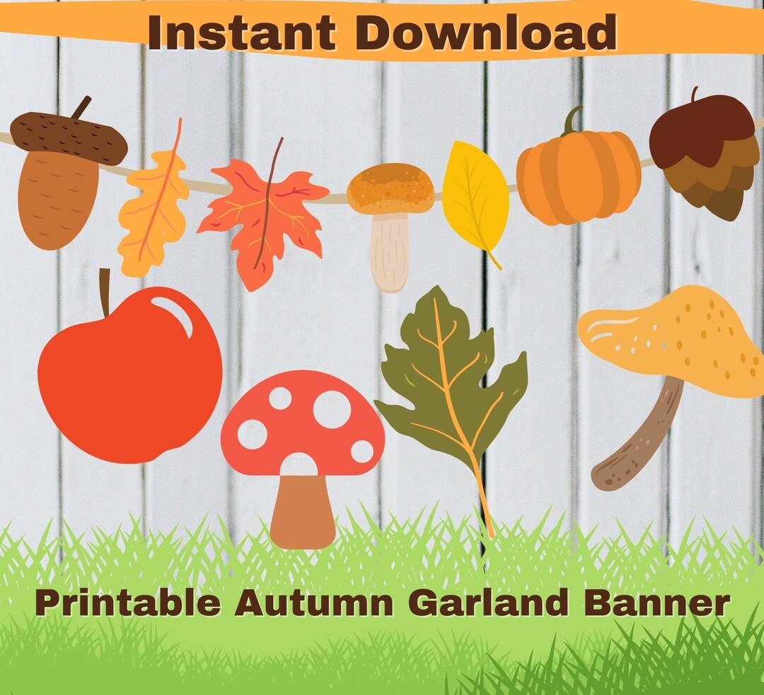 Autumn Banner Printable, Garland Leaves, Mushroom Acorn, Nursery Banner ...