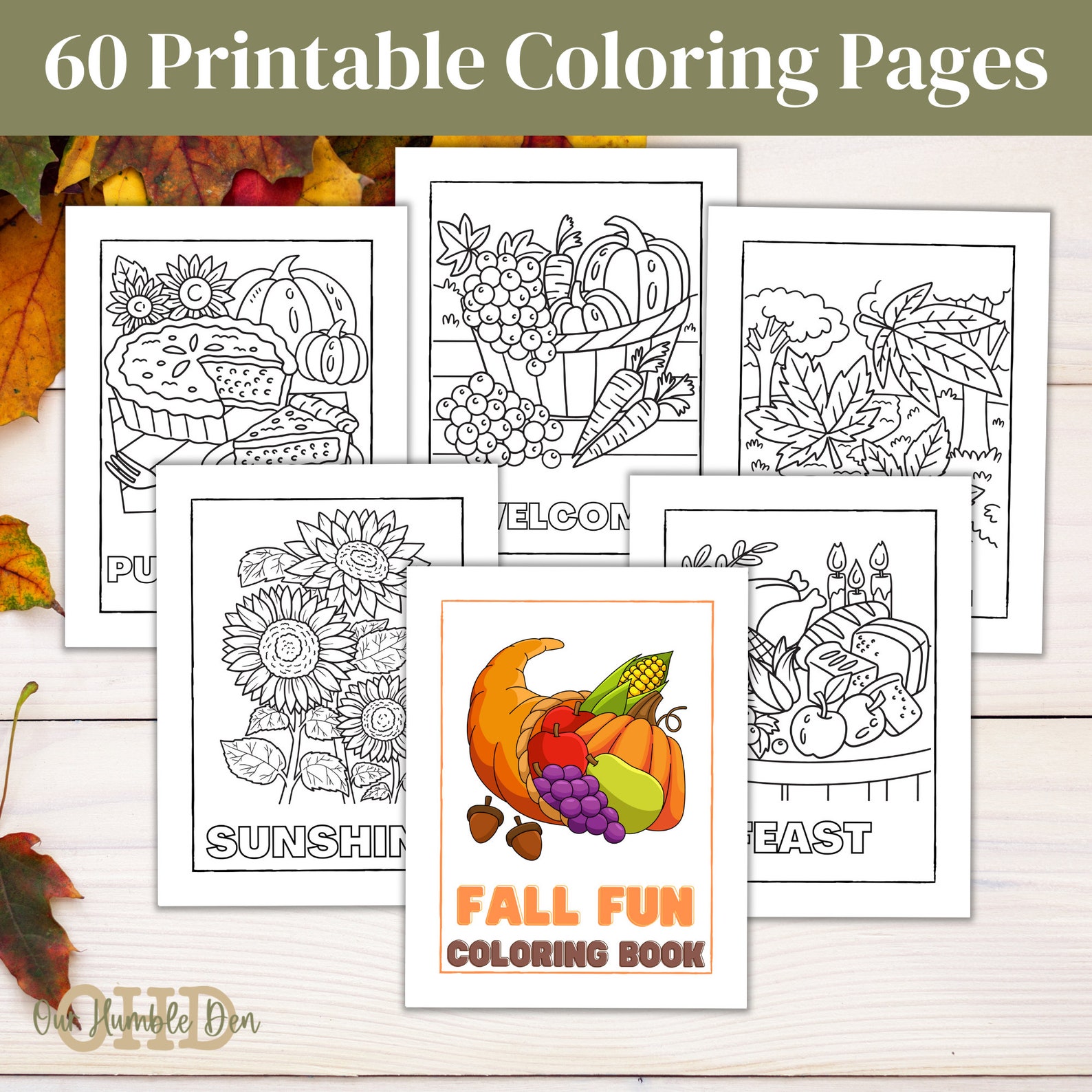 60 Fall Printable Coloring Pages, Autumn Printable Coloring Book for ...