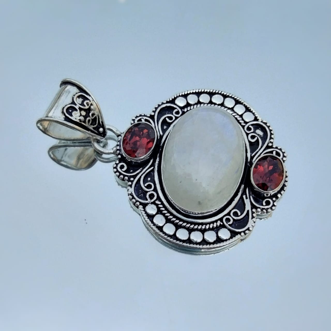 Natural Rainbow Moonstone and Garnet Cut Gemstone Pendent, 925 Sterling ...