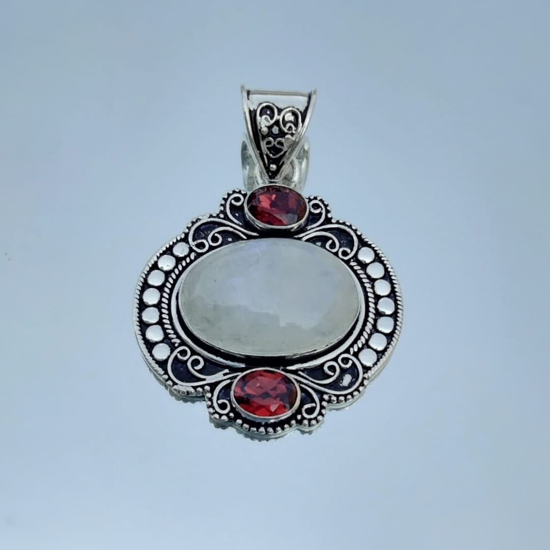 Natural Rainbow Moonstone and Garnet Cut Gemstone Pendent, 925 Sterling ...