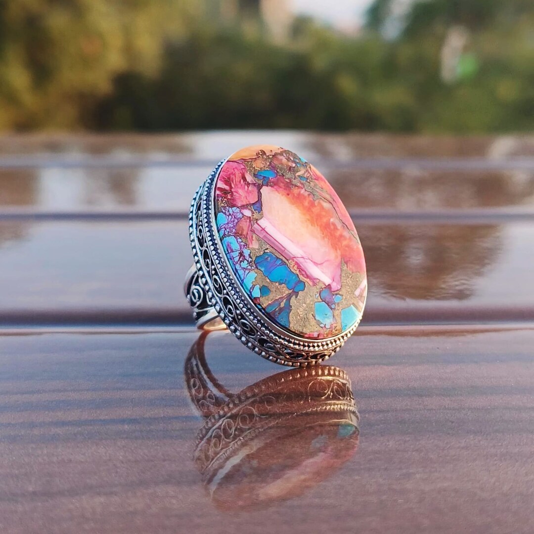 Pink Spiny Oyster Turquoise Ring: Handmade 925 Sterling Silver Filigree ...