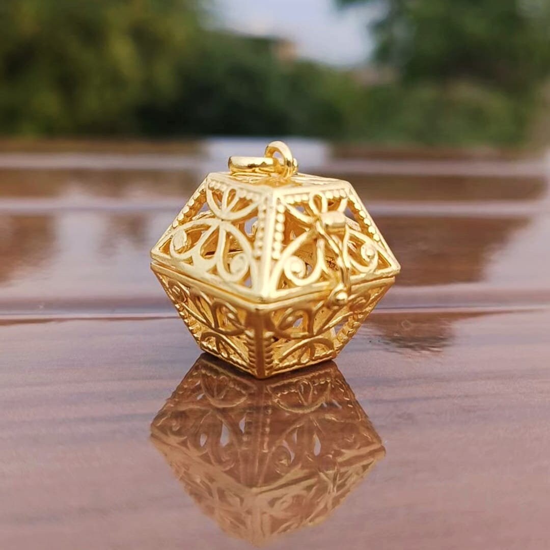 Box Pendant New Pattern Pill Box 24 Ct Gold Plated Unique Necklace Gift ...