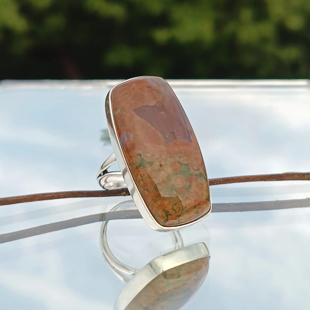 Natural Rhyolite Rainforest Jasper Cabochon Ring,925 Sterling Silver ...