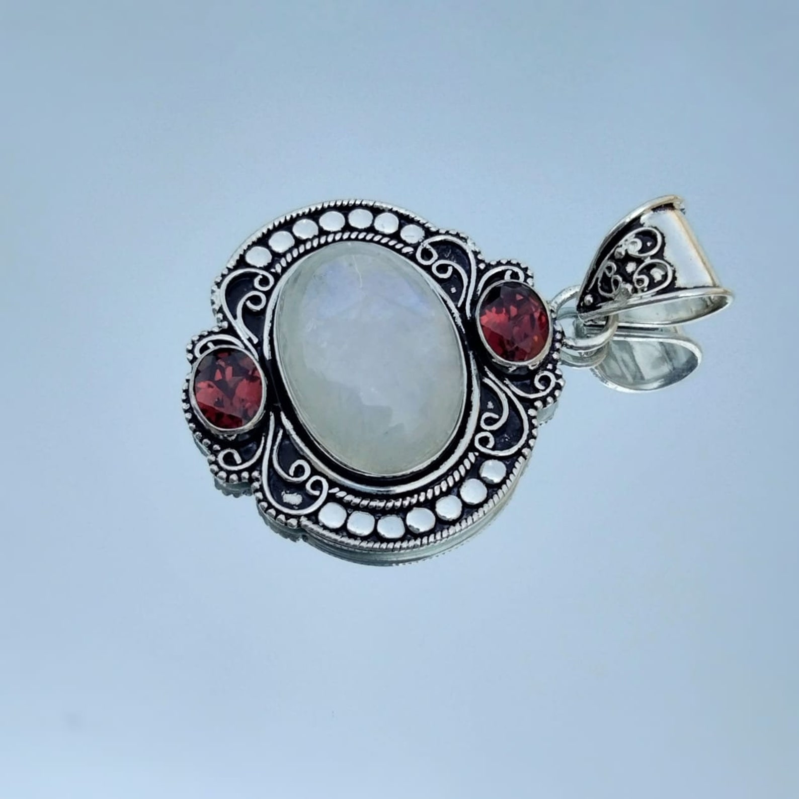 Natural Rainbow Moonstone and Garnet Cut Gemstone Pendent, 925 Sterling ...