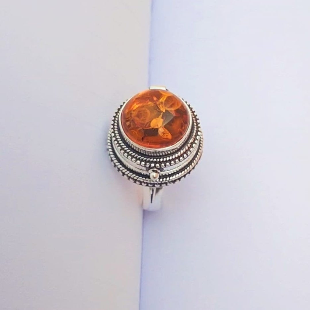 Natural Amber Gemstone Poison Ring, Handmade Statement Style Poisoner ...