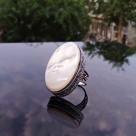 Mother of Pearl Ring handmade Filigree Ring natural Mother of Pearl Gemstone gift for Her 92.5 Sterling Silver Ring oval Shell Ring Etsy