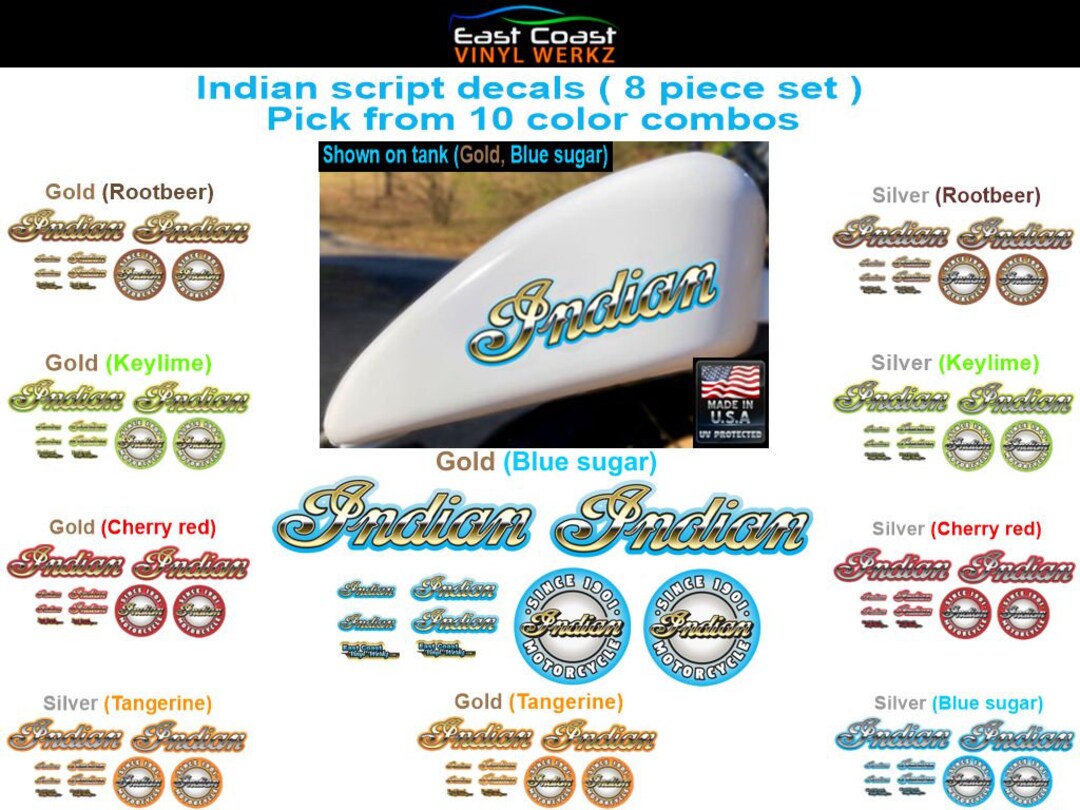 Indian Script Motorcycle Tank Vinyl Decal Logo Set 8 Piece, Choose From ...