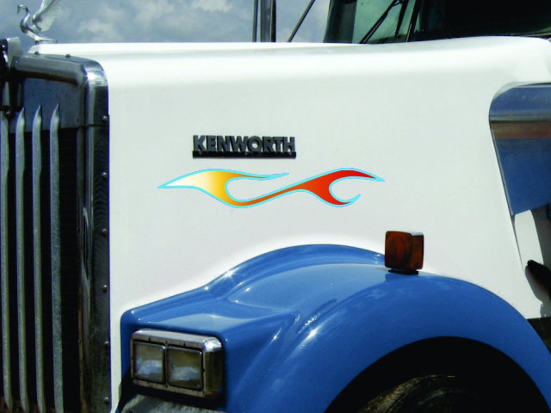 Flame Decals 2pc Set White Hot Fire / Blue Pinstripe for Peterbilt ...