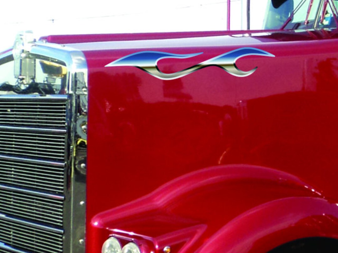 Flame Decals 2pc Set Blue Sky Chrome for Peterbilt Kenworth Wrecker Tow ...