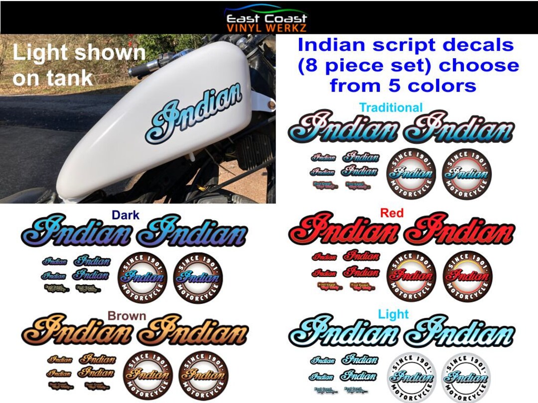 Indian Script Motorcycle Vinyl Decal Logo Tank Set 8 Piece, Choose From ...