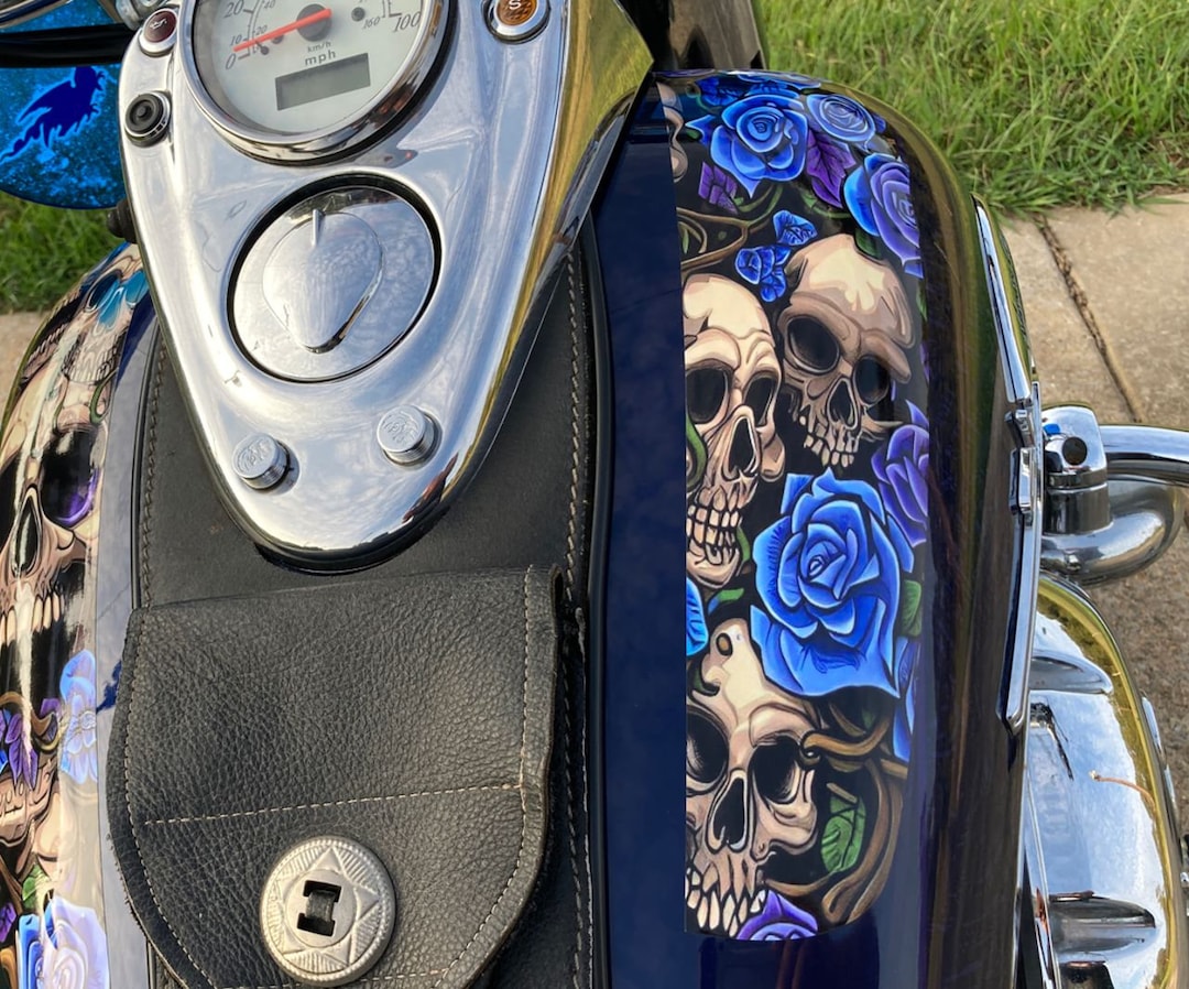 Motorcycle Tank Decal Set - Skulls & Roses - Blue / Purple - 2pc Set ...