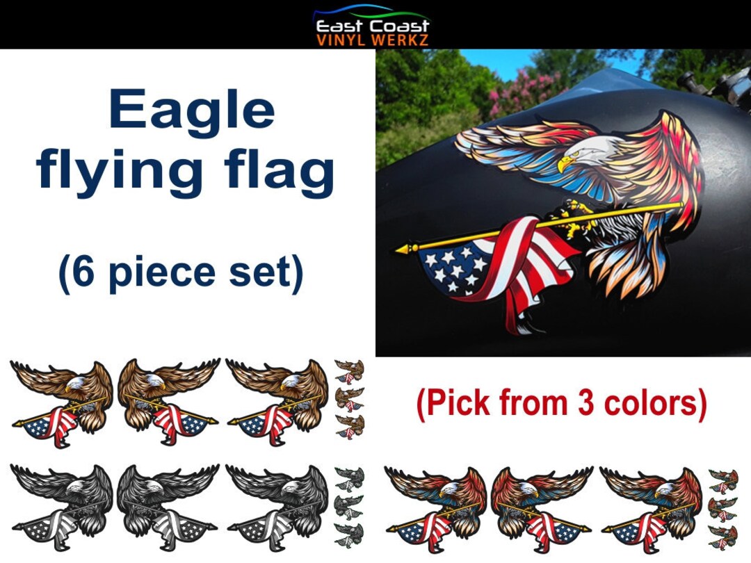 Eagle Flying Flag, Vinyl Decal for Motorcycle, Tank, Fender, Fork ...