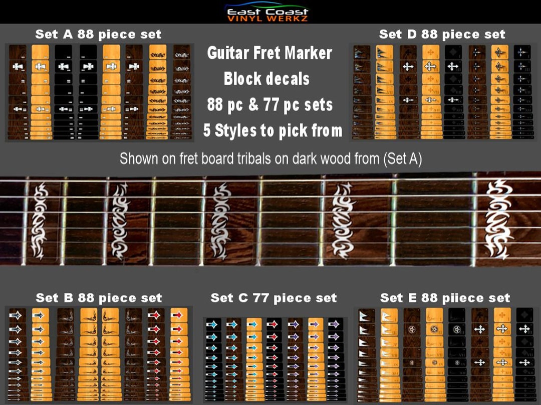 Guitar Fret Marker Block Decals - 88 Pc & 77 Pc Sets - 5 Styles to ...