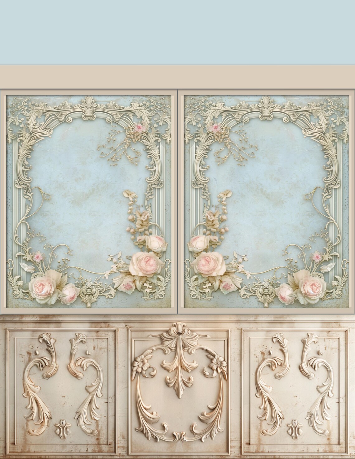 Dollhouse Wallpaper, Blue Floral Painted Decorative Panels--jpg Files ...