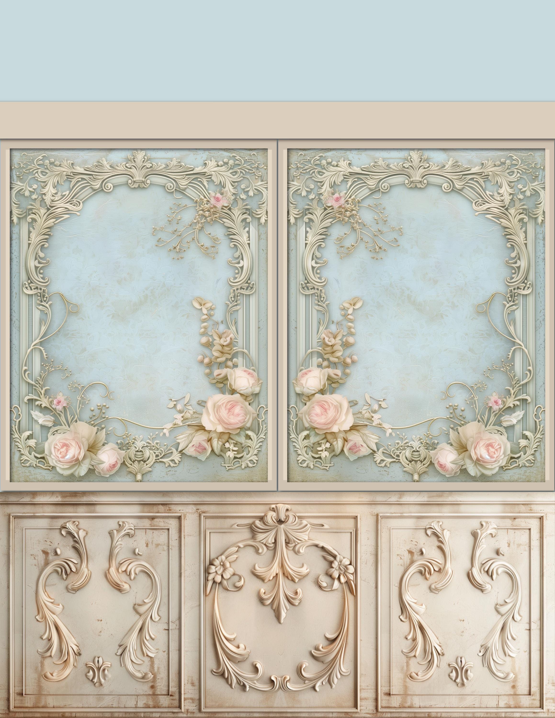 Dollhouse Wallpaper, Blue Floral Painted Decorative Panels--jpg Files ...