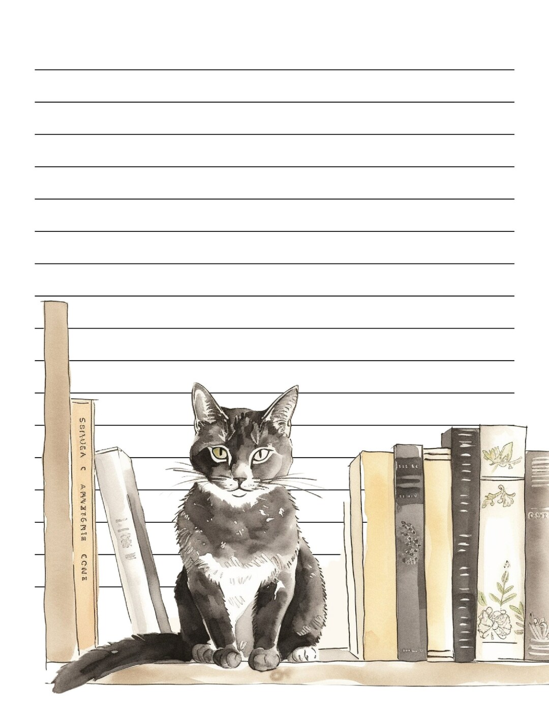 Cat on a Shelf Lined and Unlined Writing Papers--instant Download--8 1/ ...