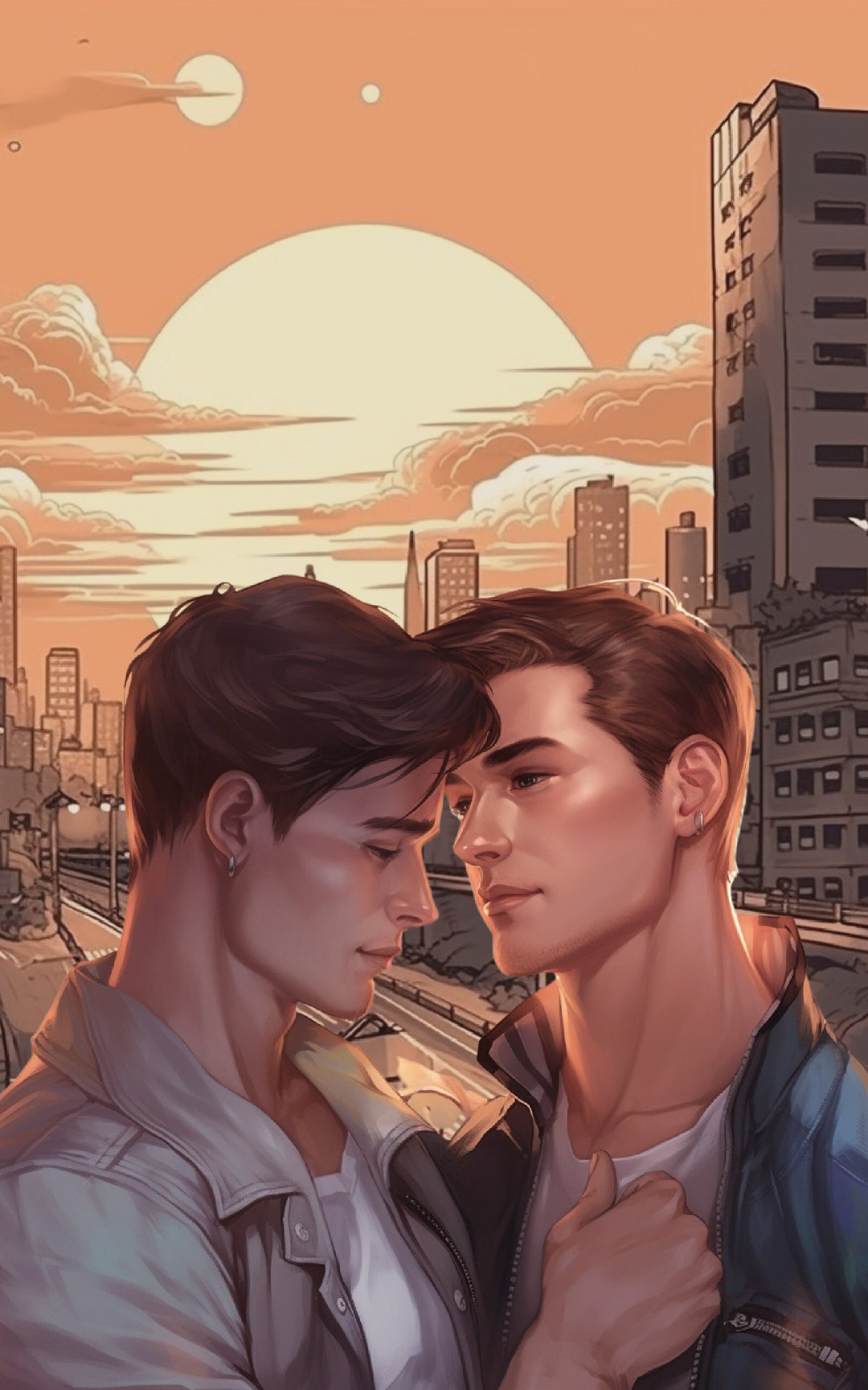 Mm Romancegay Fiction Novel Cover Arttwo Young Men Against Drawing Of Sunset In A Urban