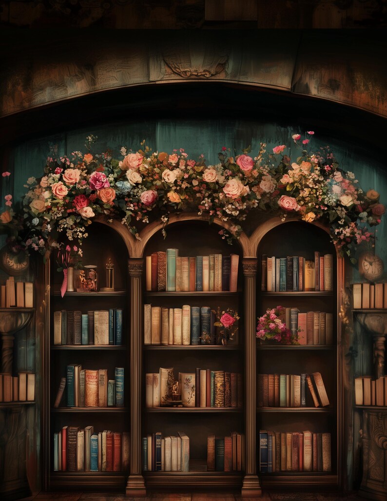 Two Cozy Floral Bookshop Bookwall Dollhouse Papers With Reverse--jpg ...