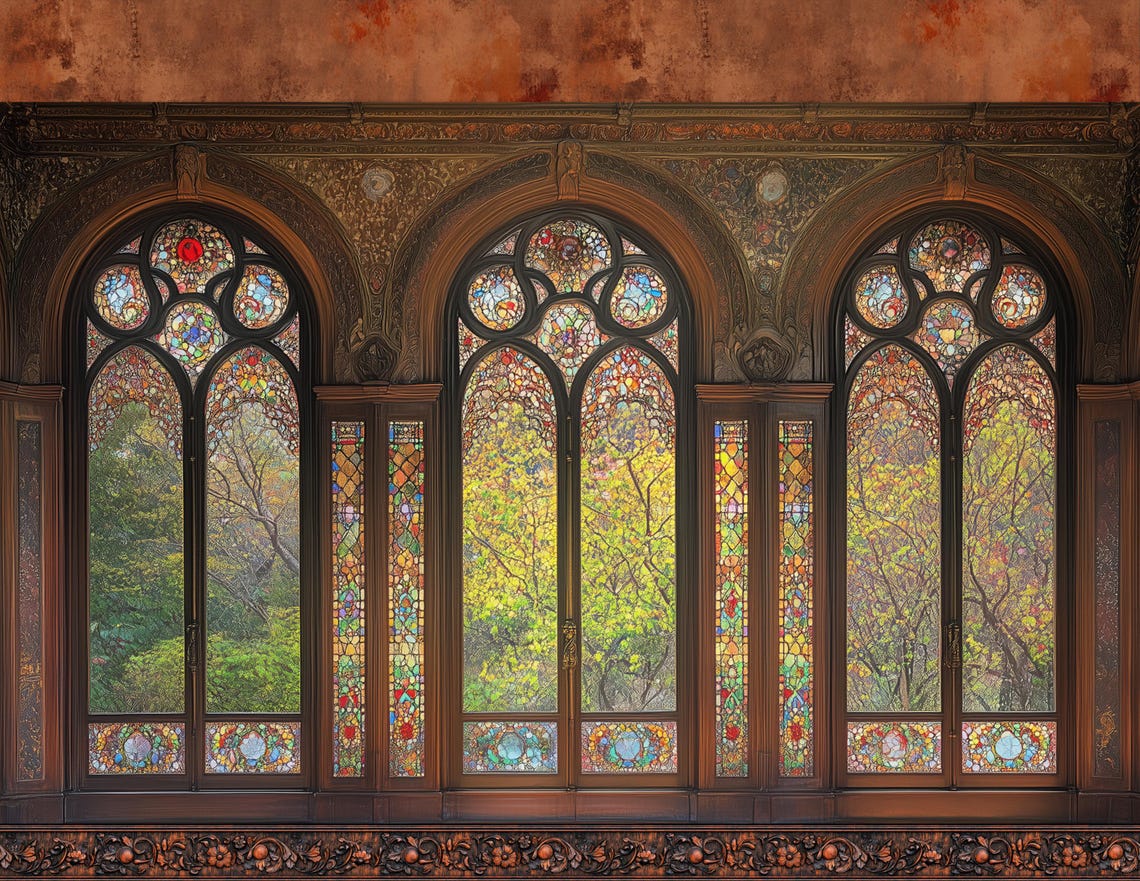 Two Landscape Oriented Romanesque Revival Window Wall Panels With Plain ...