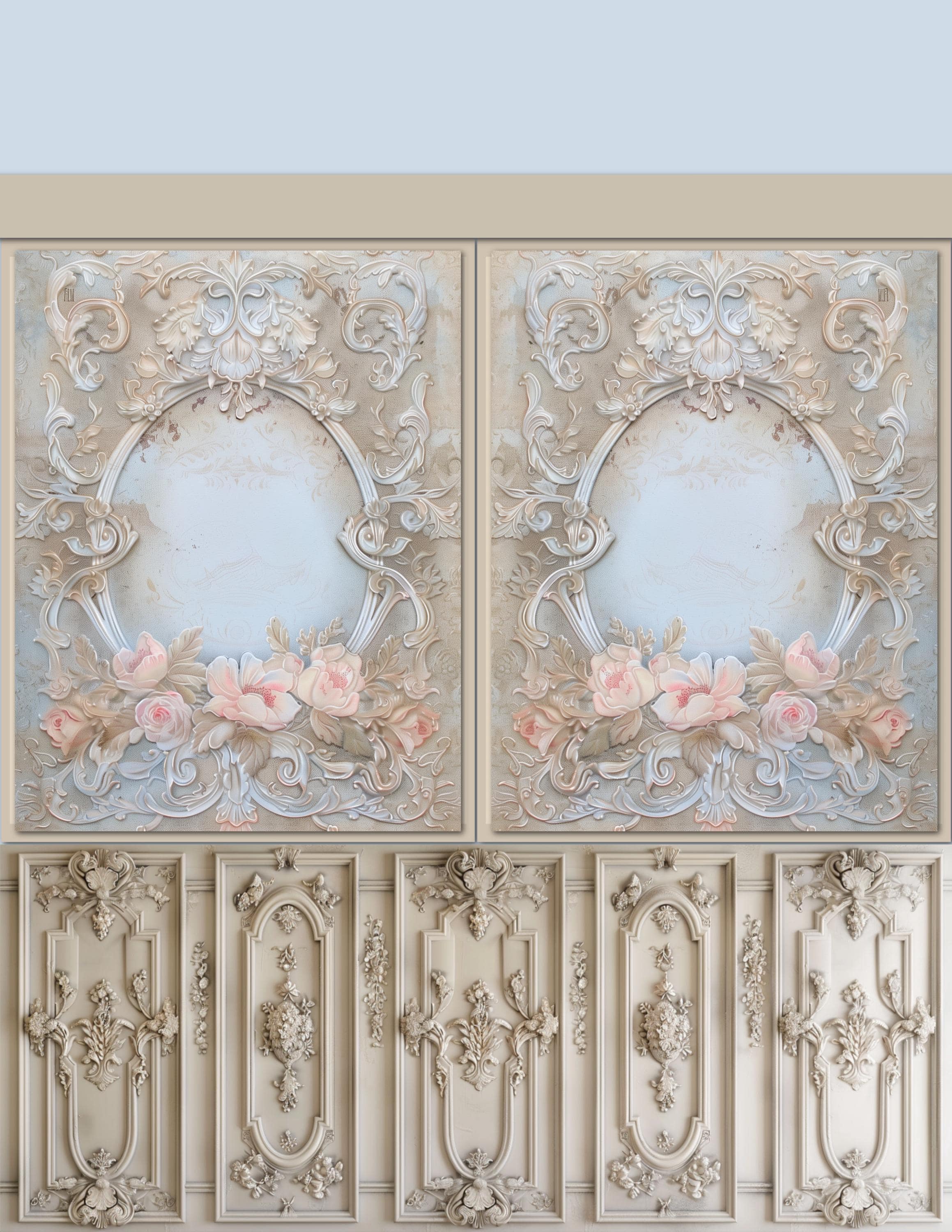 Dollhouse Wallpaper, Blue Floral Painted Decorative Panels--jpg Files ...